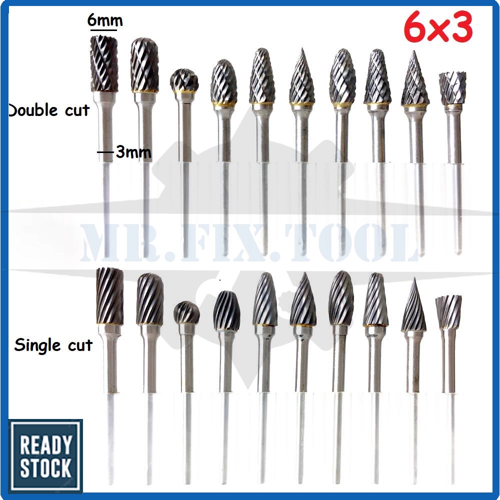 10pcs 6x3mm Tungsten Carbide Burr 3mm Single Cut Double Cut Rotary ...