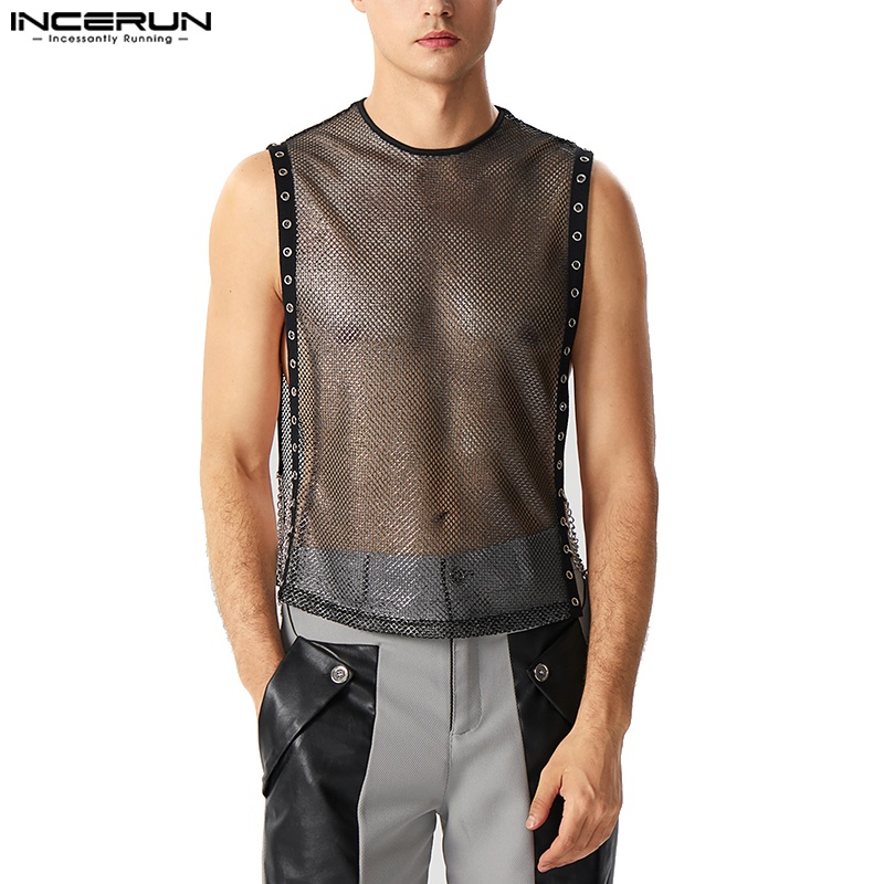 INCERUN Men Vintage Glitter Mesh Chain Patchwork See-Through Tanks ...