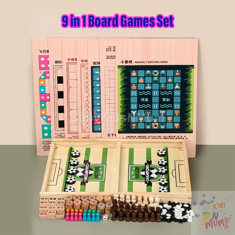 9 In 1 Wooden Board Game Slingshot International Chess Snake Ladder ...