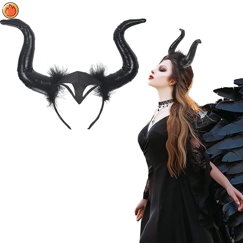 Halloween Big Black Long Ox Horn Headband Movie Demon Evil Queen