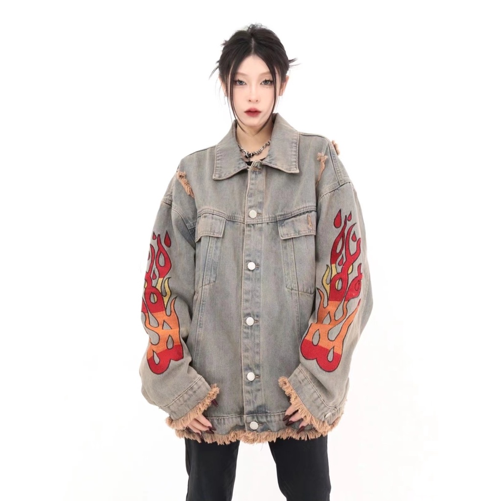 Women Vintage Denim Jacket Fashion Fire Embroidery Casual Jacket ...