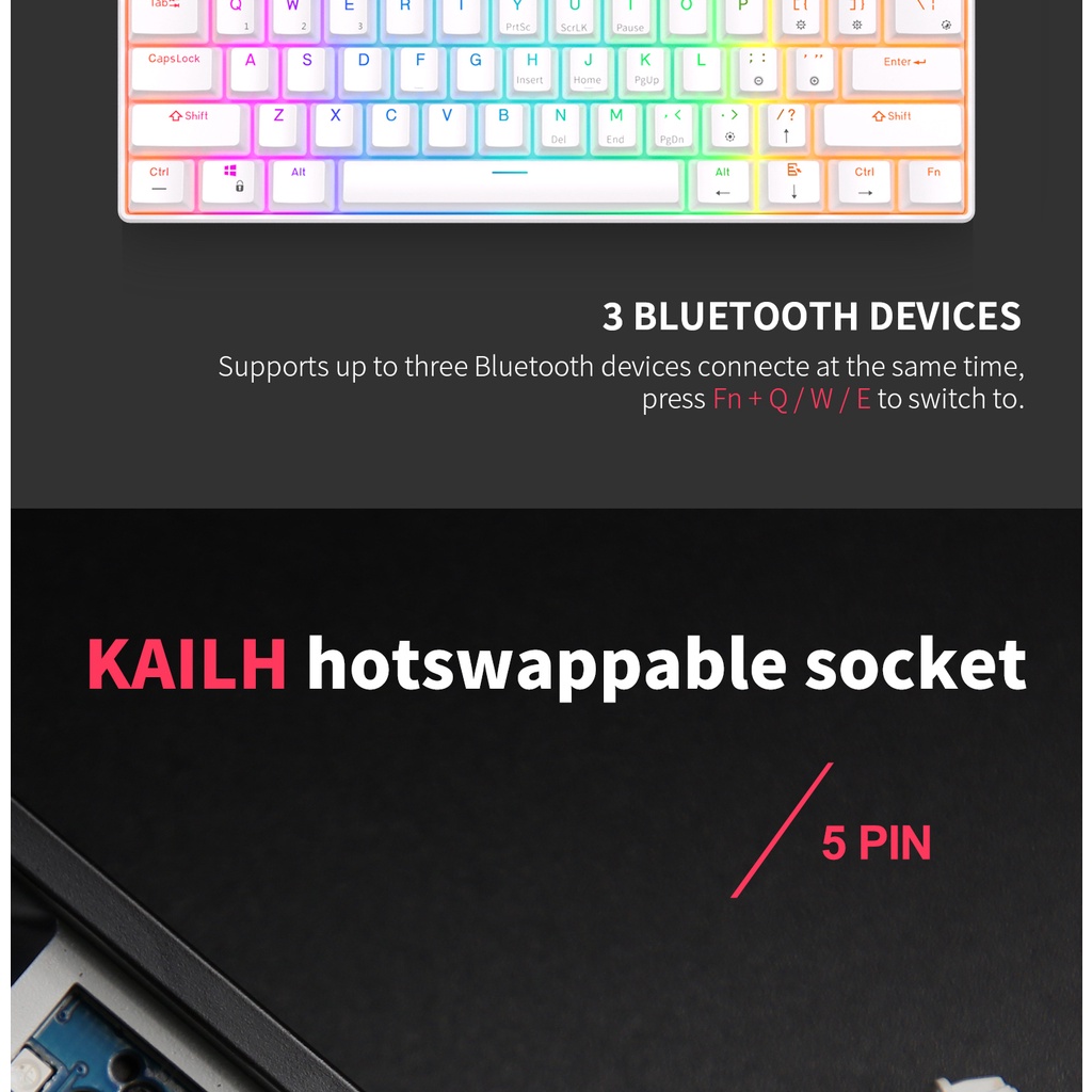 Royal Kludge RK61 Bluetooth 3.0 And USB C 2.4G Tri Mode 61Key 60% Keyboard RGB Backlit ...