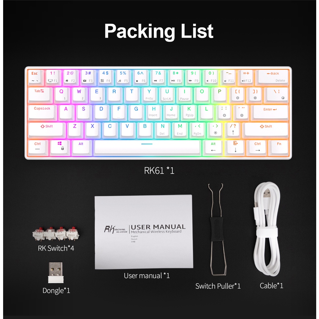 Royal Kludge RK61 Bluetooth 3.0 And USB C 2.4G Tri Mode 61Key 60% ...