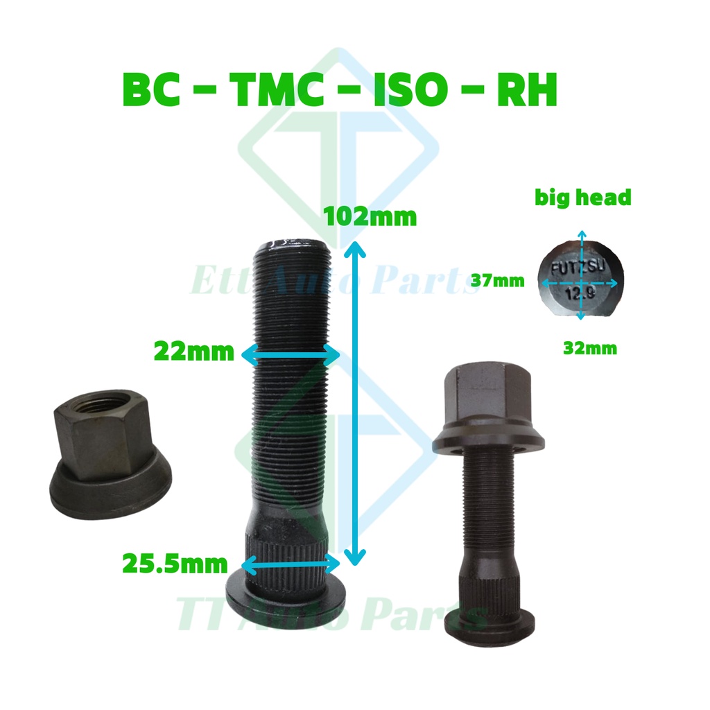 Hub Bolt With Nut / Hab Bolt Big Head (25.5mm x 102mm) (Belakang/Rear ...