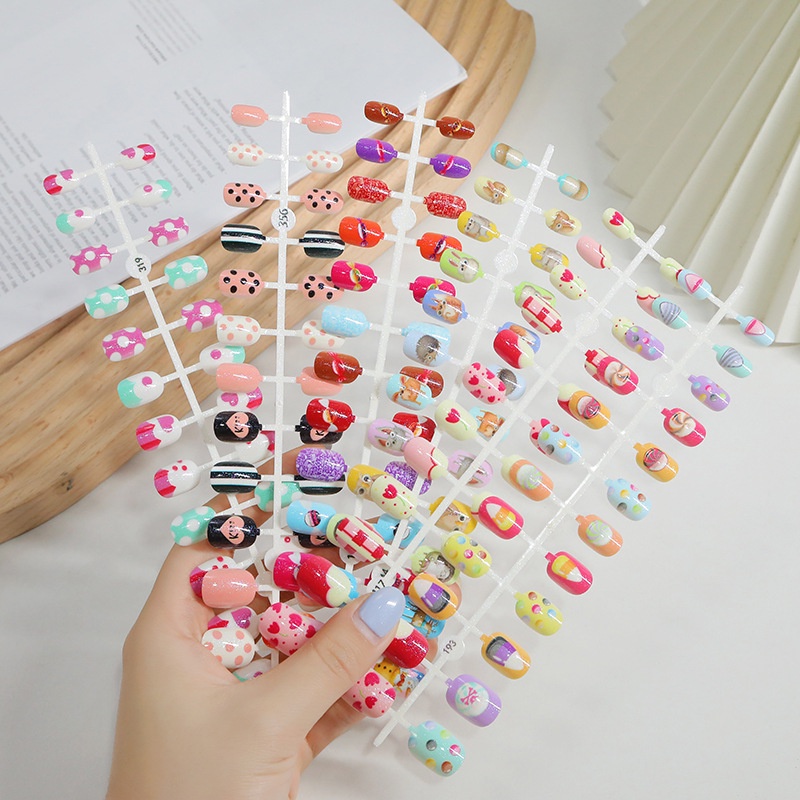 【24pcs+Free Jelly Sticker】Cute Fake Nails for Kids Cartoon Pattern ...
