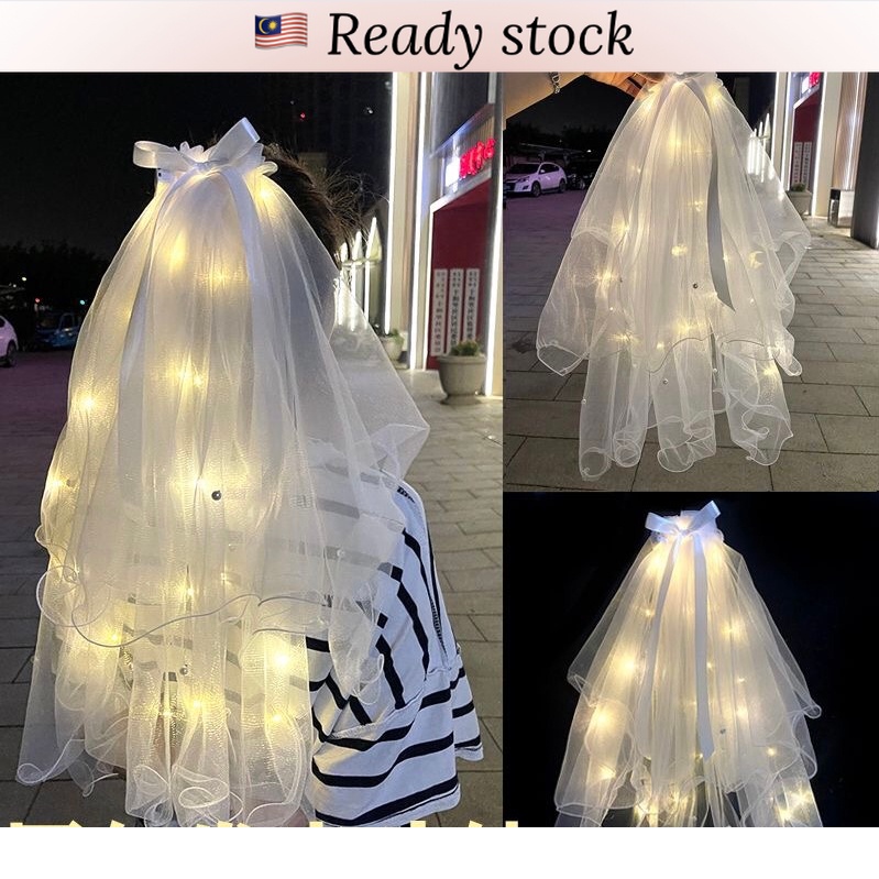 🇲🇾LED Flashing Hair Accessories White Bridal Veil Nikah Bridal Shower ...