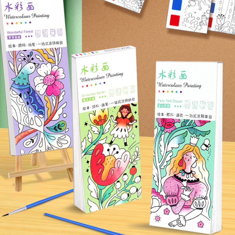 12 Sheets Cartoon Watercolor Painting Book with Paintbrush and Pigment ...