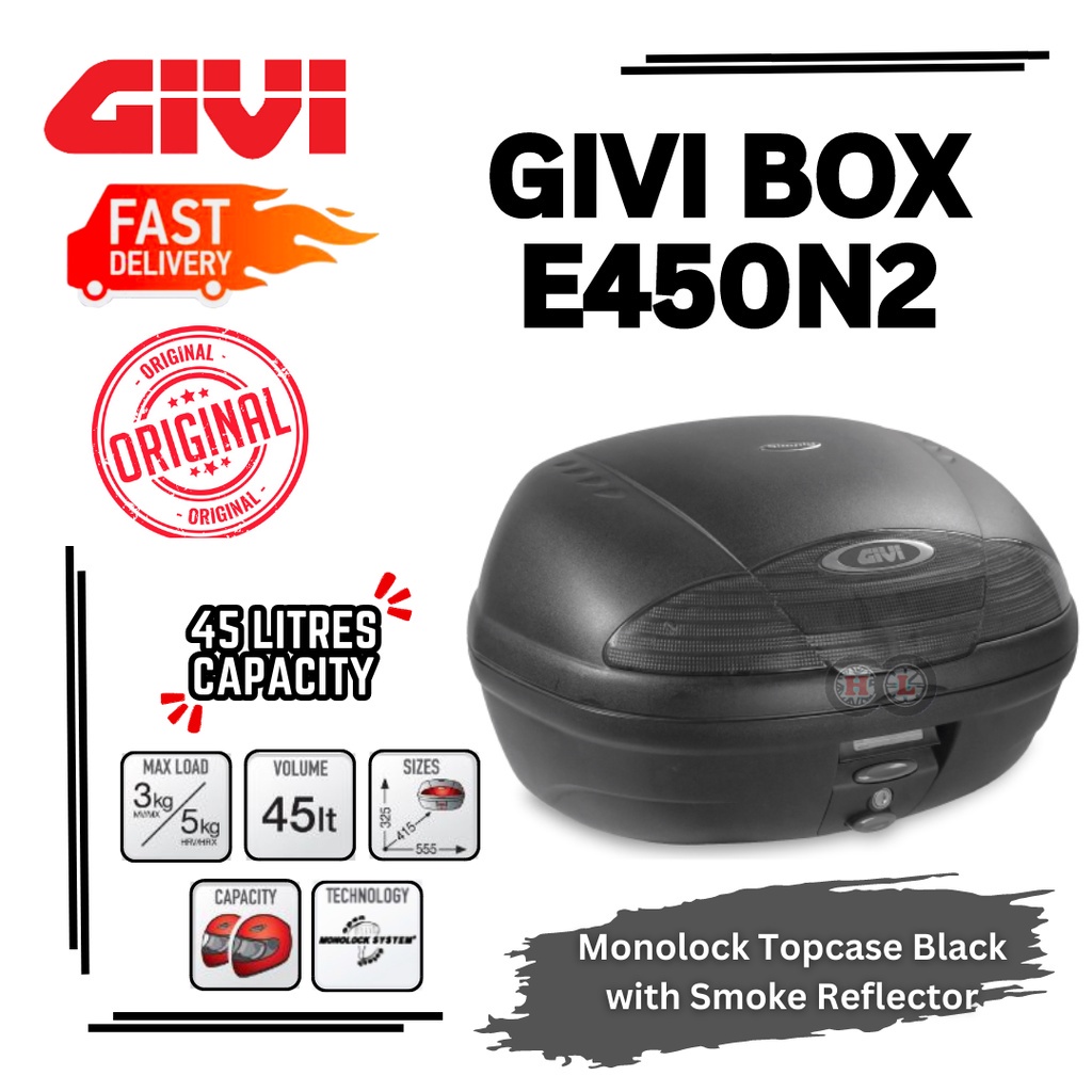 ORIGINAL GIVI BOX E450N2 ( 45 Litres ) WITH SMOKE REFLECTOR W/O STOP ...