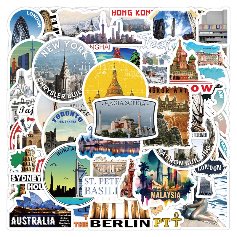 50pcs World Travel Stickers Pack, Waterproof Wolrd Famous Building ...
