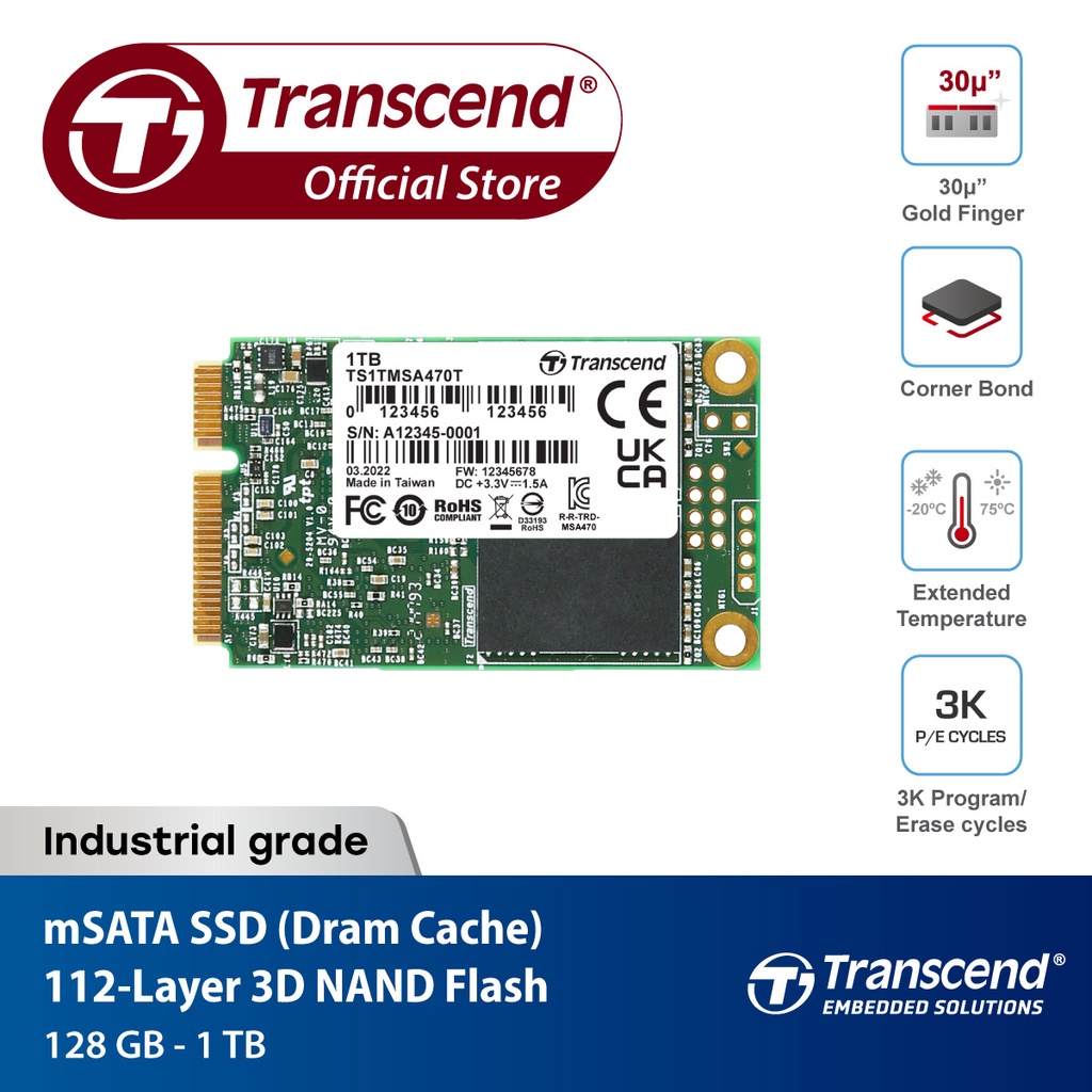 Transcend MSA470T mSATA Embedded Grade 3D NAND DRAM CACHE SSD (128GB ...
