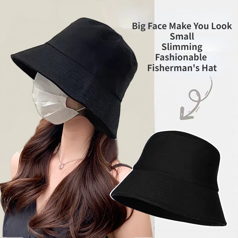 Black Bucket Hat Female Spring Summer Plain Face Covering Face Small ...