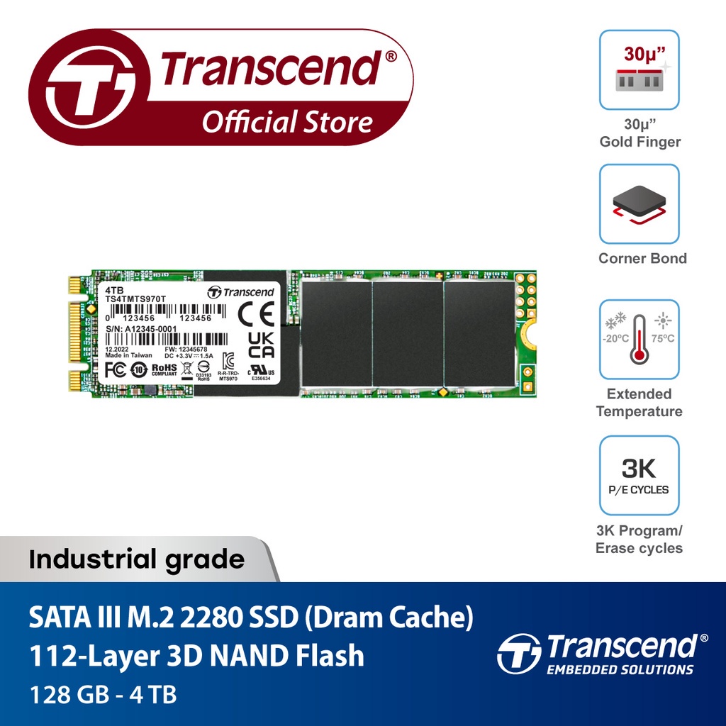 Transcend MTS970T M.2 SATA 2280 Embedded Grade 3D NAND DRAM CACHE SSD (128GB/256GB/512GB/1TB ...
