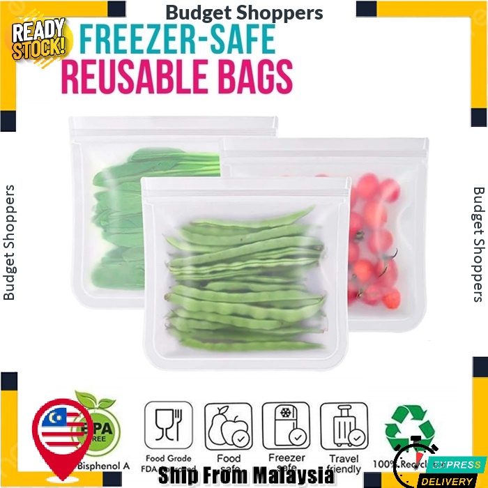 Silicone Food Storage bag Leakproof Reusable Stand Up Zip Shut Bag ...