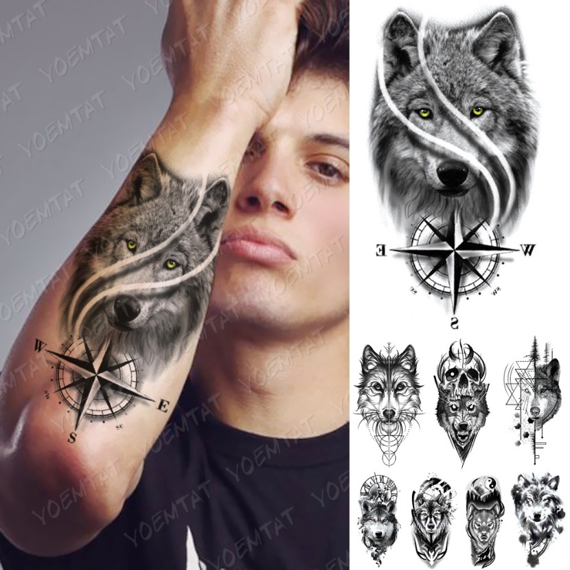 Lobo Temporary Tattoo Sticker Wolf Forest Compass Realistic Black Fake ...