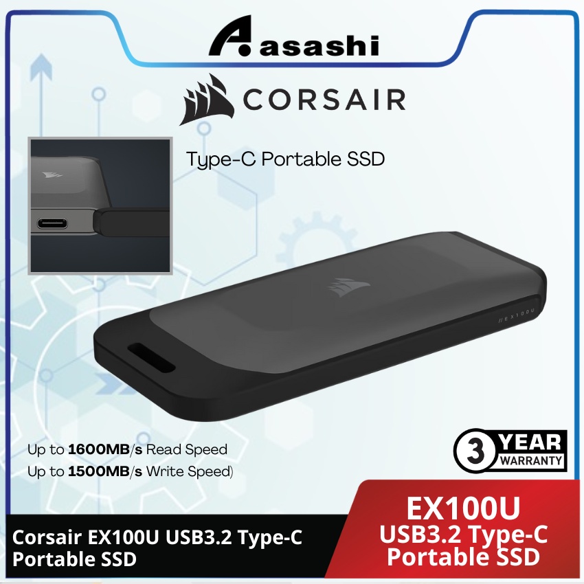 Corsair EX100U 1TB / 2TB / 4TB USB3.2 Type-C Portable SSD (Up to 1600MB ...