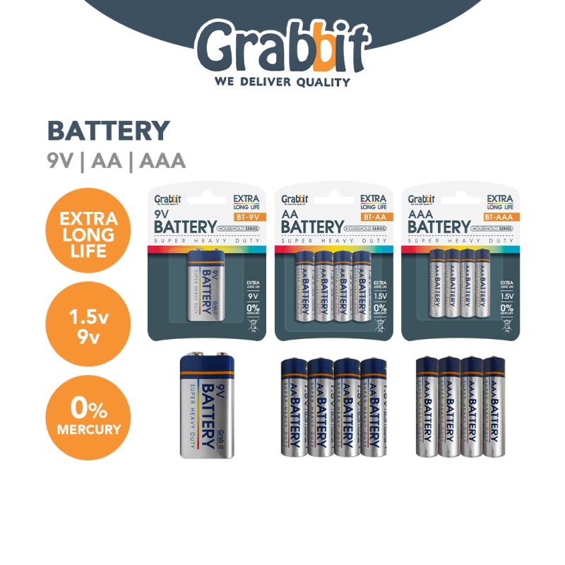 GRABBIT 9V 1.5V AA AAA Battery Extra Long Life Super Heavy Duty ...