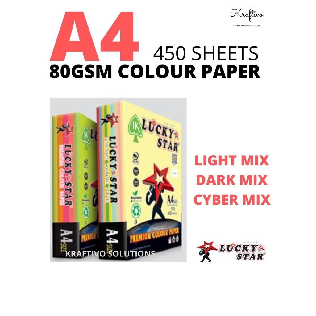A4 IK LUCKY STAR 80GSM 450 SHEETS COLOUR PAPER (MIX) / KERTAS WARNA CAMPUR 80GSM 450 KEPING ...
