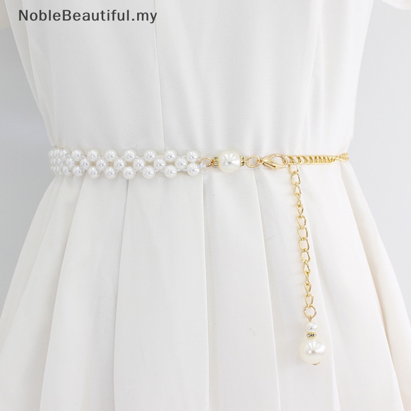 [NobleBeautiful] Women Elegant Pearl Chain Belt Thin Waist Gold Metal ...