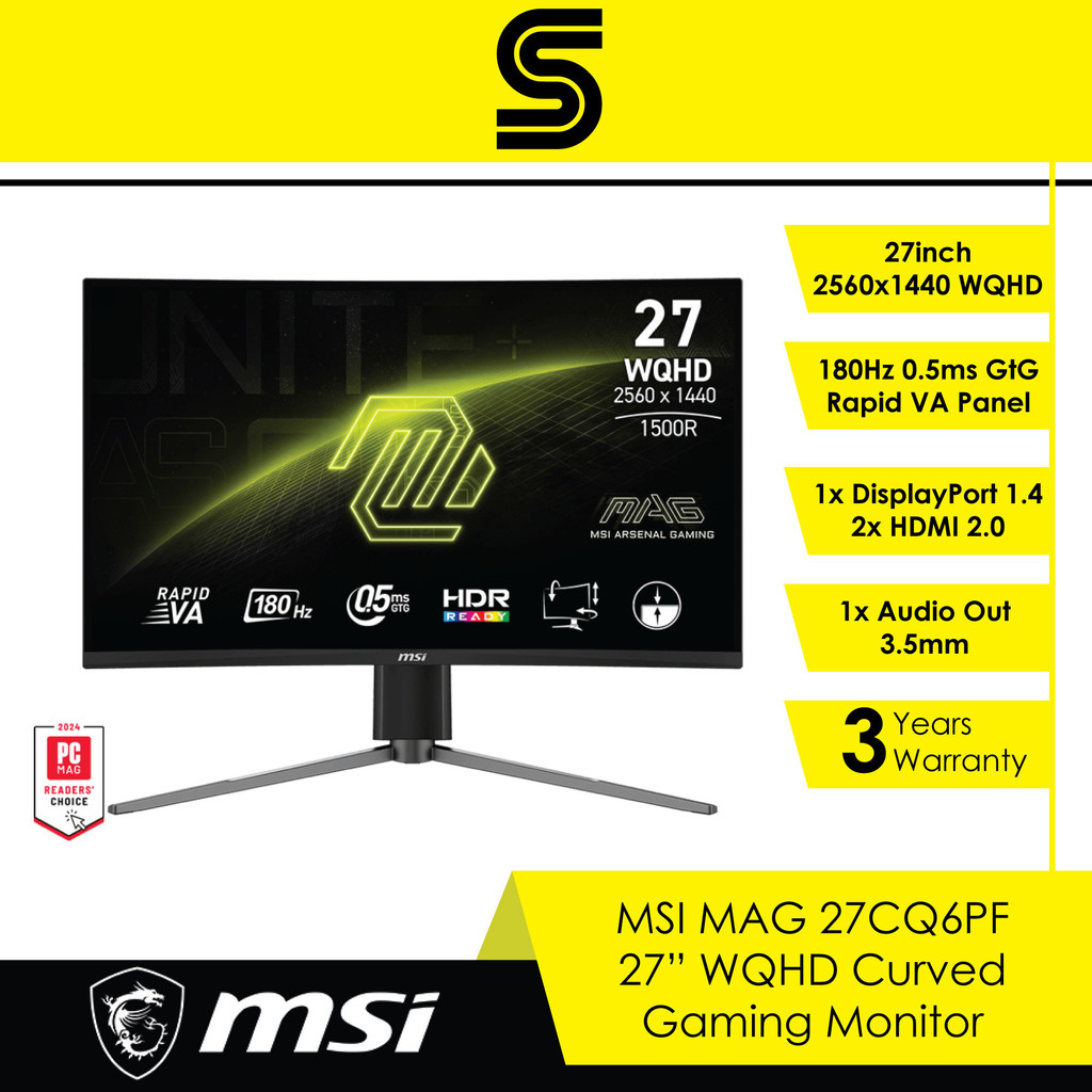 MSI MAG 27CQ6PF 27" WQHD Curved Gaming Monitor - 180Hz/0.5ms/Rapid VA/2x HDMI/1x DP/1x 3.5mm out ...