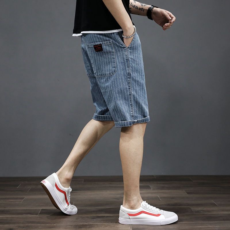 Summer Thin Denim Shorts Men's Stretch Street Wear Striped Five-point ...