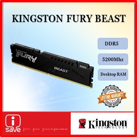 KINGSTON FURY BEAST 16GB DDR5 5200MHZ CL40 DESKTOP RAM (KF552C40BB-16 ...