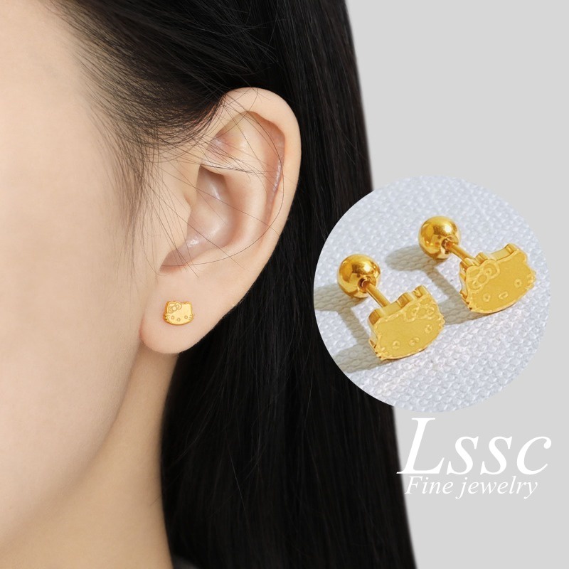 KT Cat Earring Cute Subang Telinga Gold Anting Anting Perempuan ...
