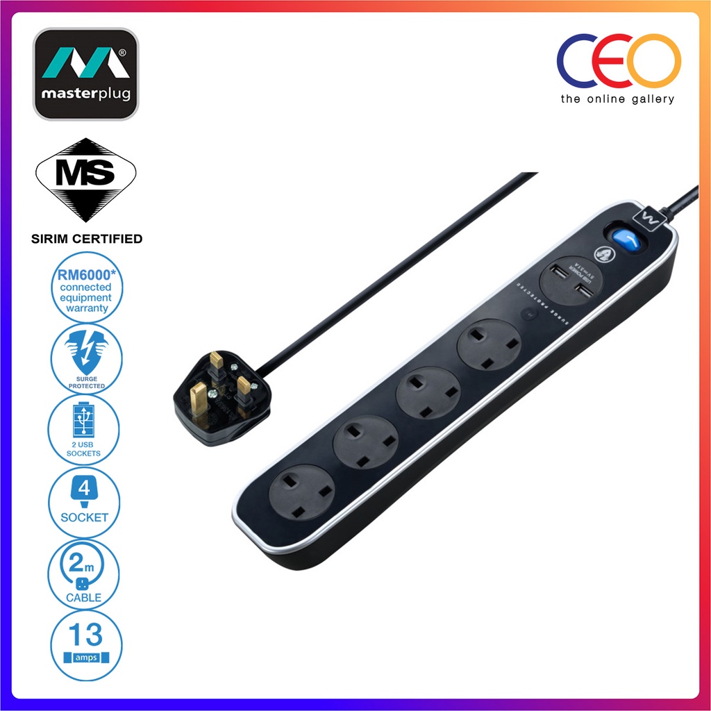 Masterplug Surge Protector 4 Gang 2 USB 3.1A 2 Meter Extension Leads ...