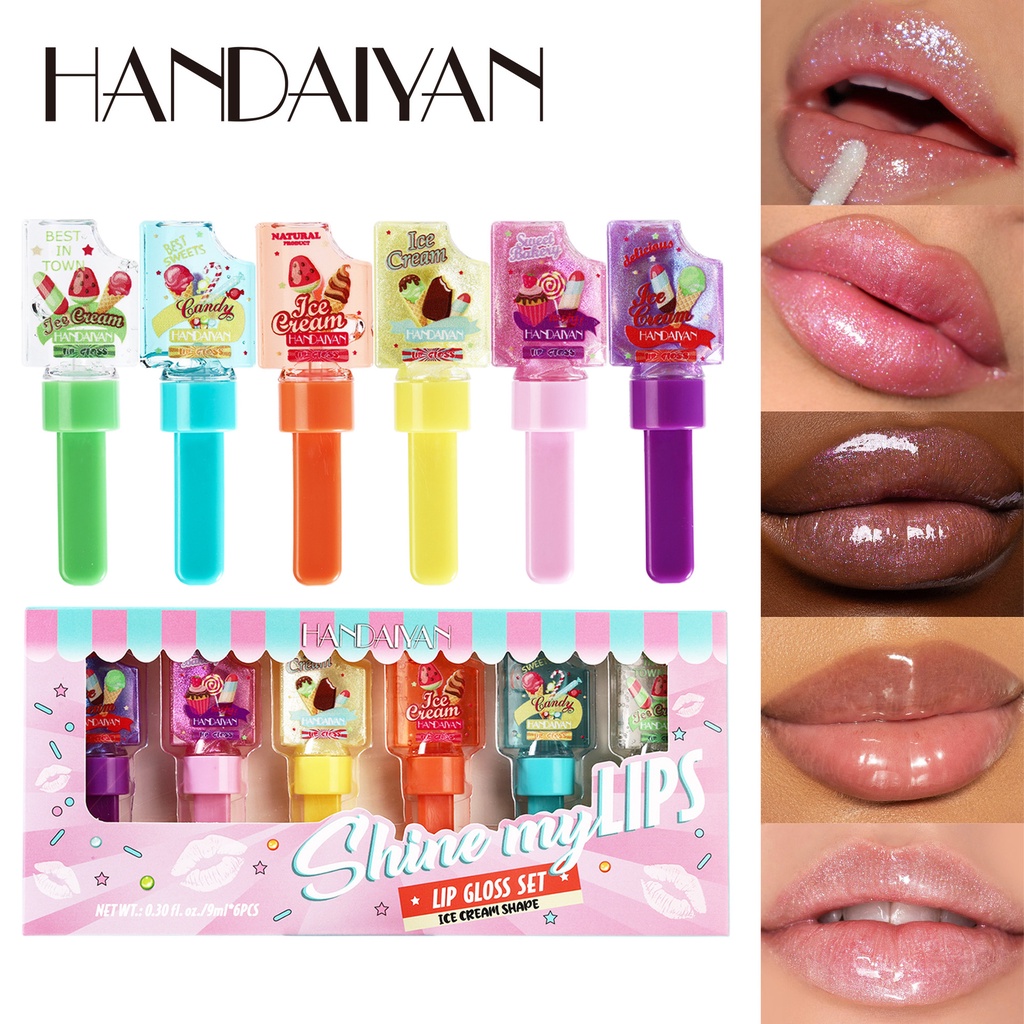 HANDAIYAN 6Pcs/set Cute Ice Cream Design Lip Glaze Glitter Liquid ...
