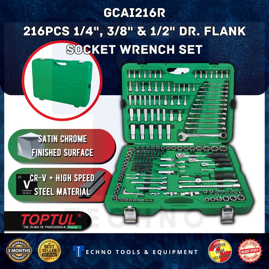 TOPTUL GCAI216R 216PCS 1/4" 3/8" 1/2" DR. Flank Socket Wrench Set ...