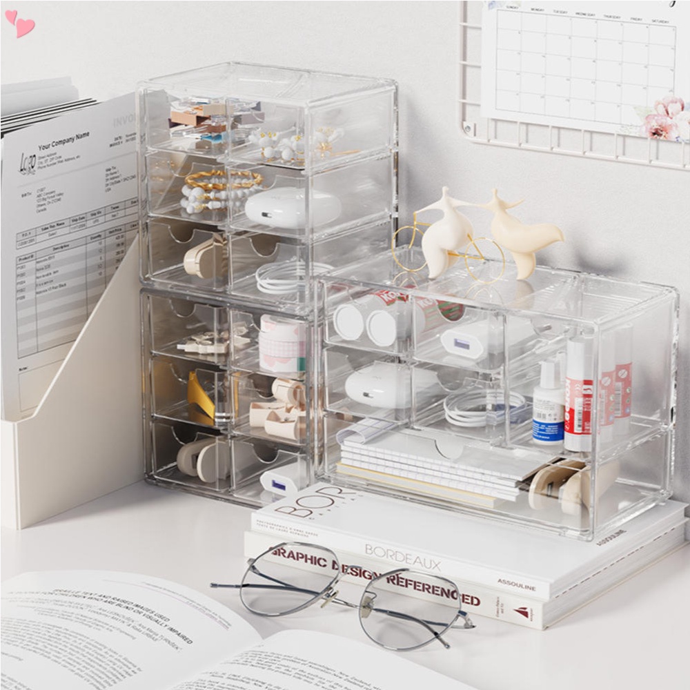 3 Tier Desk Organizer with Drawer, Stackable Desktop Storage Box, Clear ...