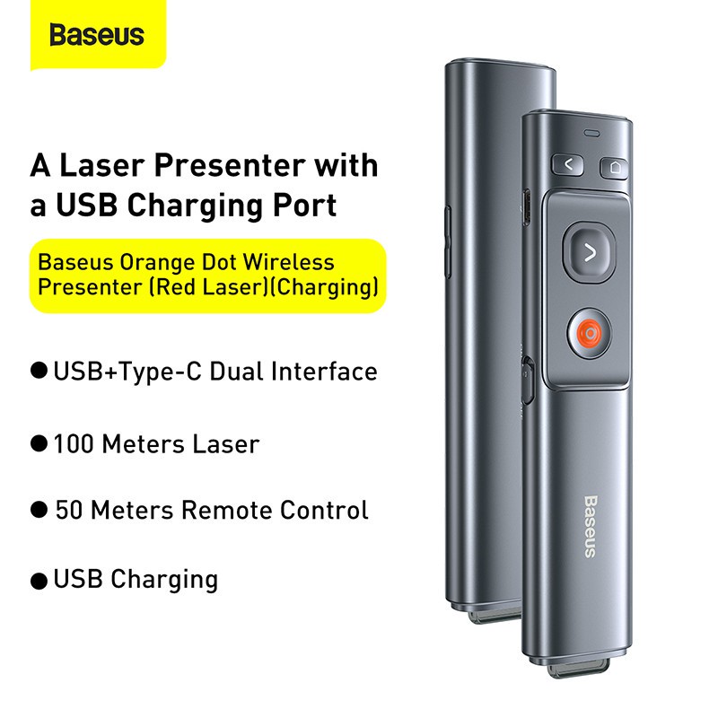 Baseus 2.4GHz USB-A Type-C Rechargeable Orange Dot Wireless Presenter ...