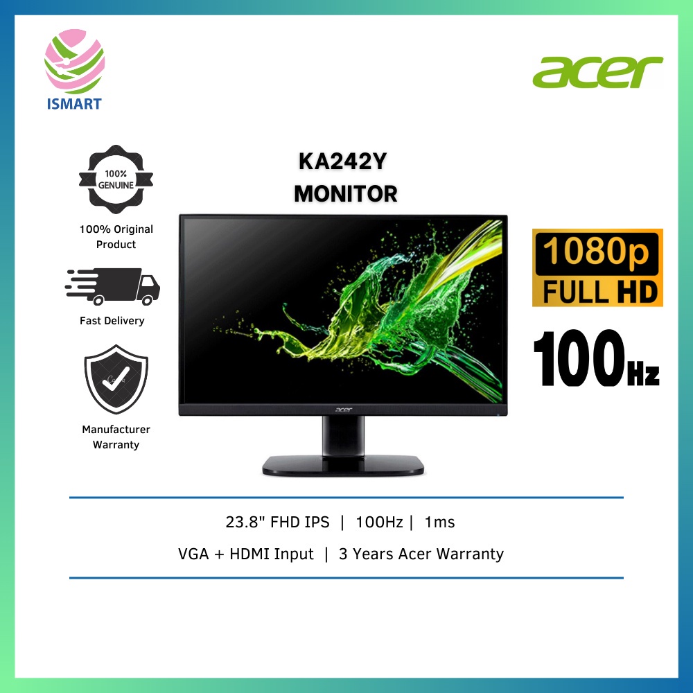 Acer KA242Y 23.8'' FHD IPS 100Hz 1ms Monitor ( HDMI, VGA, 3 Yrs Wrty ...