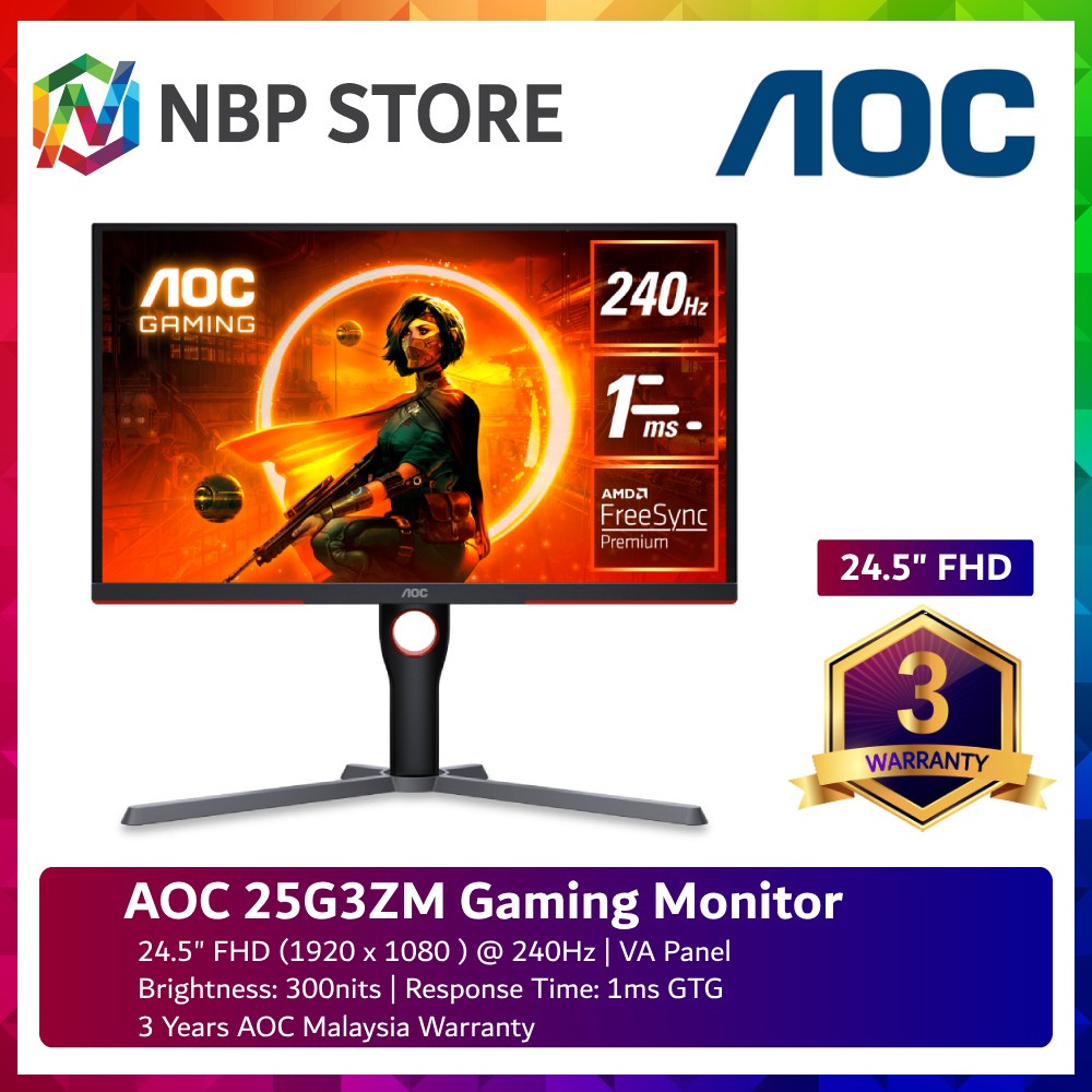 AOC 25G3ZM 24.5" FHD 240Hz Gaming Monitor ( HDMI, DP, 3 Yrs Warranty ...