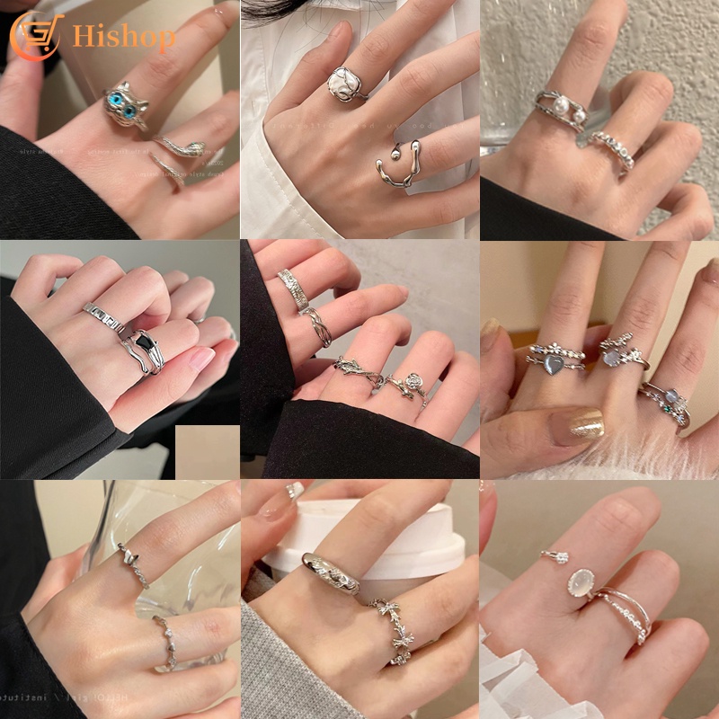 Y2K Silver Ring Set for Women Cross Crystal Opal Pearl Heart Adjustable Rings for Best Friend ...