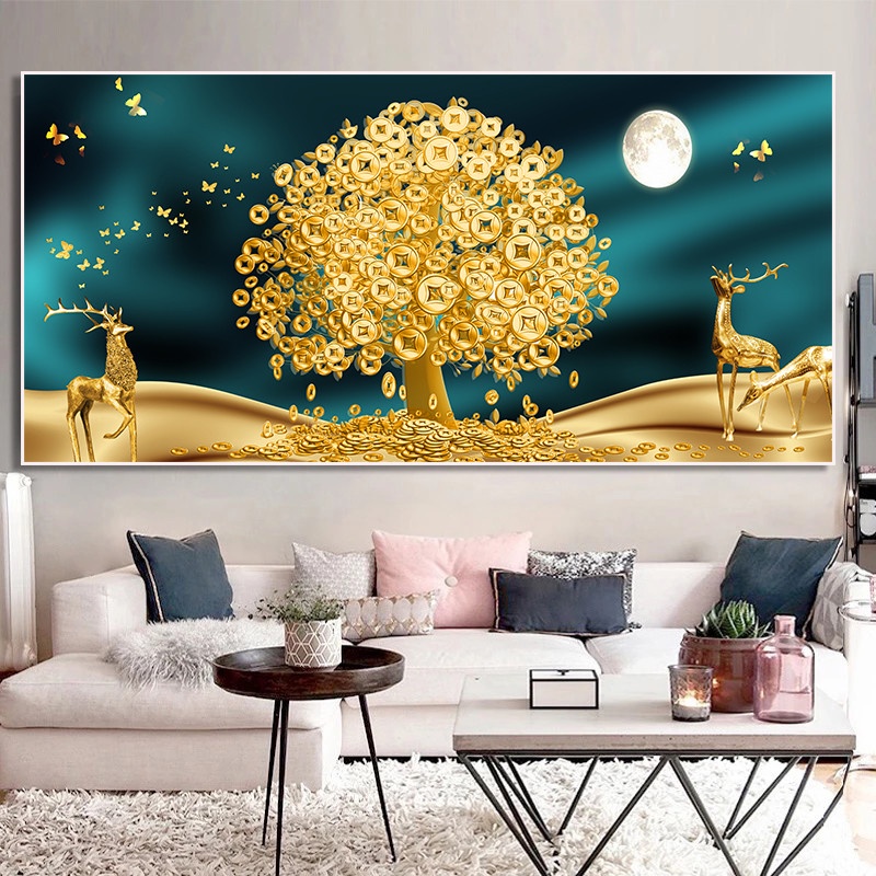 Luxury Lucky Gold Money Tree Canvas Prints Floral Plant Painting Deer ...