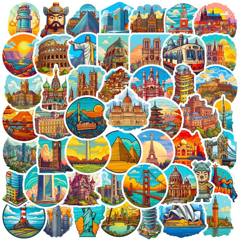 50pcs Travel Around the World Stickers, Oil Painting Style, Famous ...