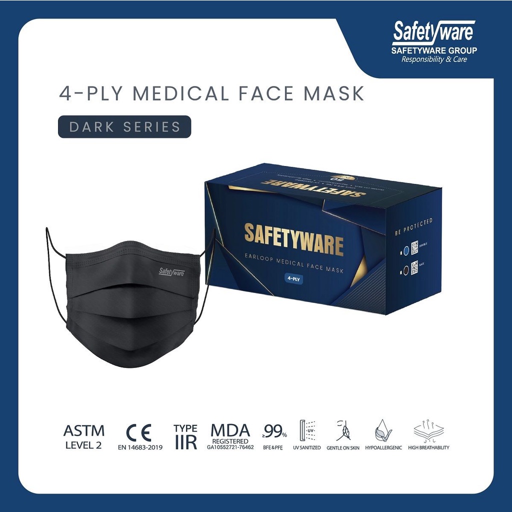SAFETYWARE 4-Ply Earloop BLACK Color Medical Face Mask | Shopee Malaysia