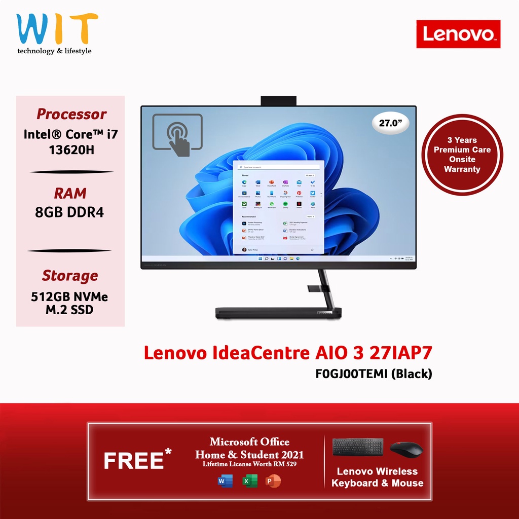 Lenovo IdeaCentre AIO 3 27IAP7 F0GJ00TEMI /Intel Core i7-13620H/8GB RAM/512GB SSD/27" FHD Touch ...