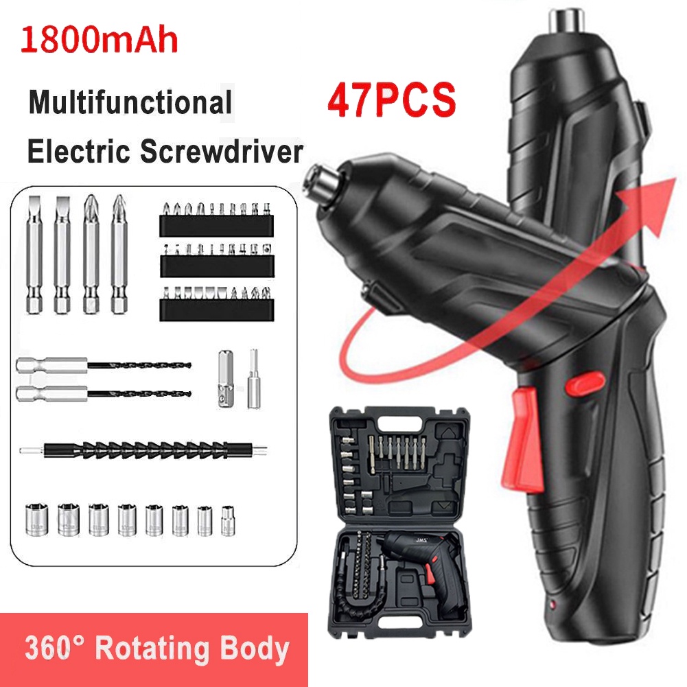 47Pcs/set 3.6V Electric Cordless Screwdriver Impact Drill Pemutar Skru ...