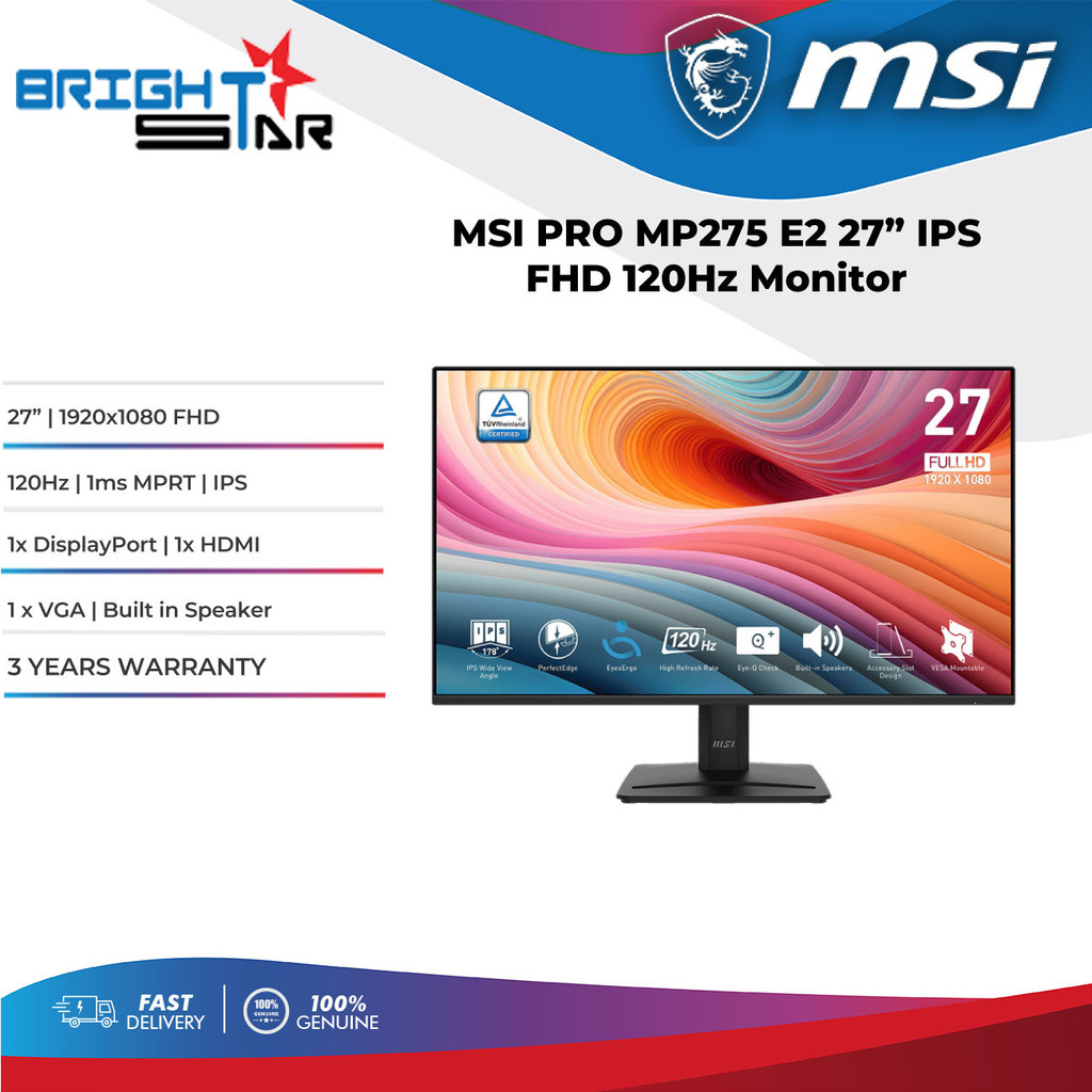MSI PRO MP275 E2 27" IPS FHD Monitor - 120Hz/1ms MPRT/1x HDMI/1x DP/1x ...