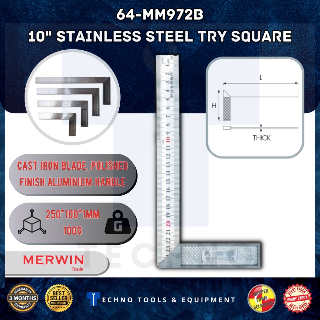 MERWIN STAINLESS STEEL L - SQUARE / TRY SQUARE / ANGLE RULER / PEMBARIS ...