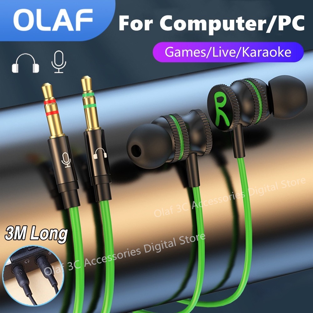3M Long Wired Earphones For PC Earbuds 3.5mm Audio Mic Dual Jack ...