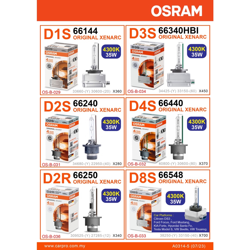 OSRAM XENARC Original | HID | 1 PC | All Sizes | D1S D2S D3S D4S D2R D8S | 100% Original ...