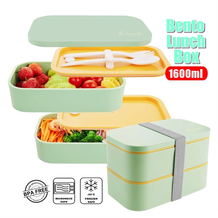 Double-layer Lunch Box With Fork&Spoon,Microwave Oven Heating 1.6L ...