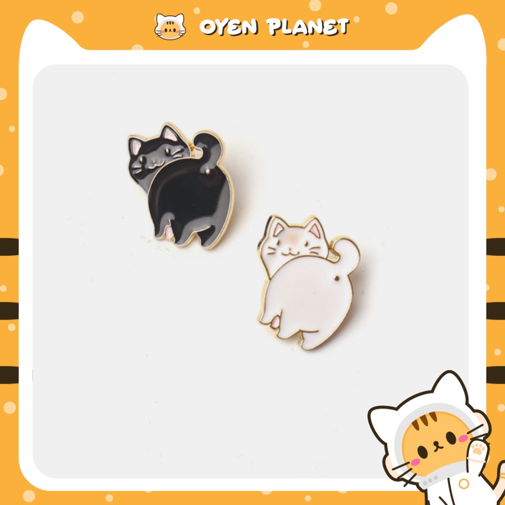 OYEN PLANET Black and White Cute Cat Butt Metal Brooch Pin/ Kerongsang ...