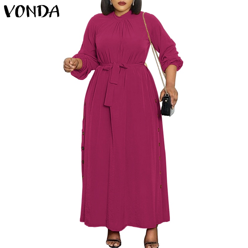 VONDA Women Vintage High-Neck Long Puffed Sleeves Solid Color Dresses ...