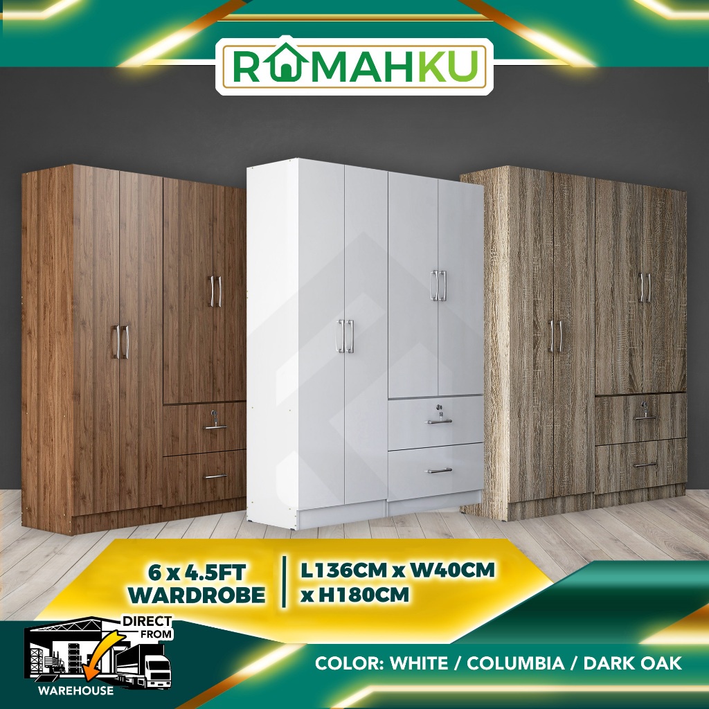🔥FREE SHIPPING🔥4.5X6FT (2+2) DOORS WARDROBE WITH SHELF / almari baju ...