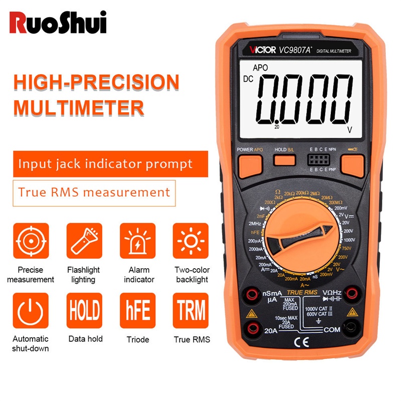 Digital Multimeter 19999 Count Transistor Tester AC/DC Voltage Current ...