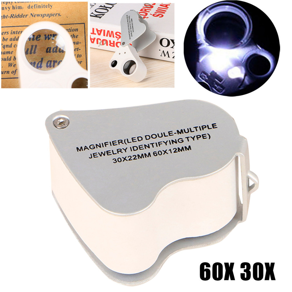 30X 60X Folding Jewelry Eye Loupe Magnifier LED Light Pocket Magnifying ...