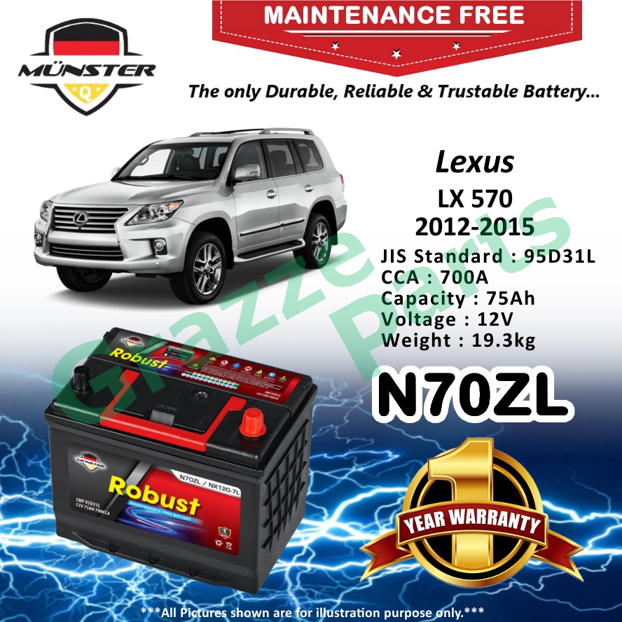 Münster Robust MF CMF N70Z | N70ZL | NX120-7L | 95D31L (75AH) Car Battery Bateri Kereta for ...